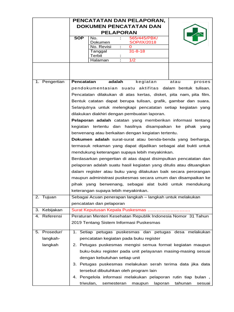 SOP PENCATATAN DAN PELAPORAN | PDF