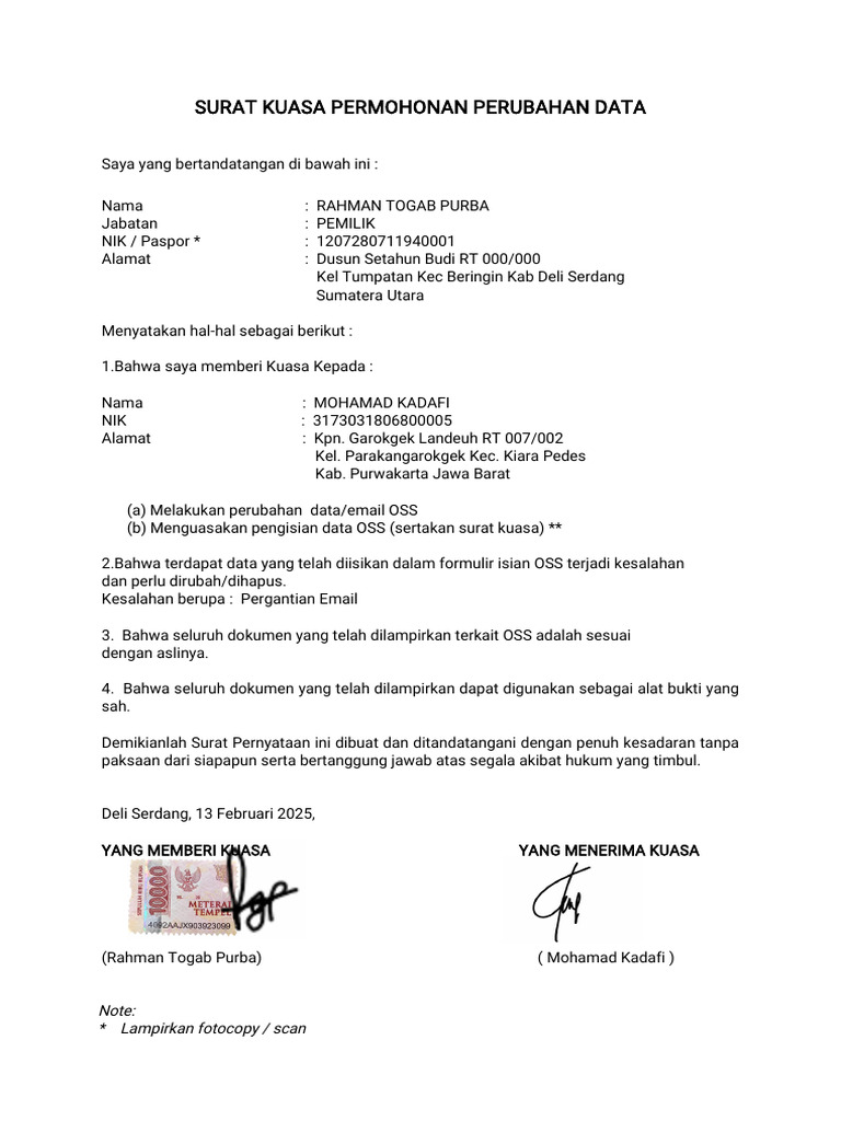 Surat Kuasa Perubahan Data OSS | PDF
