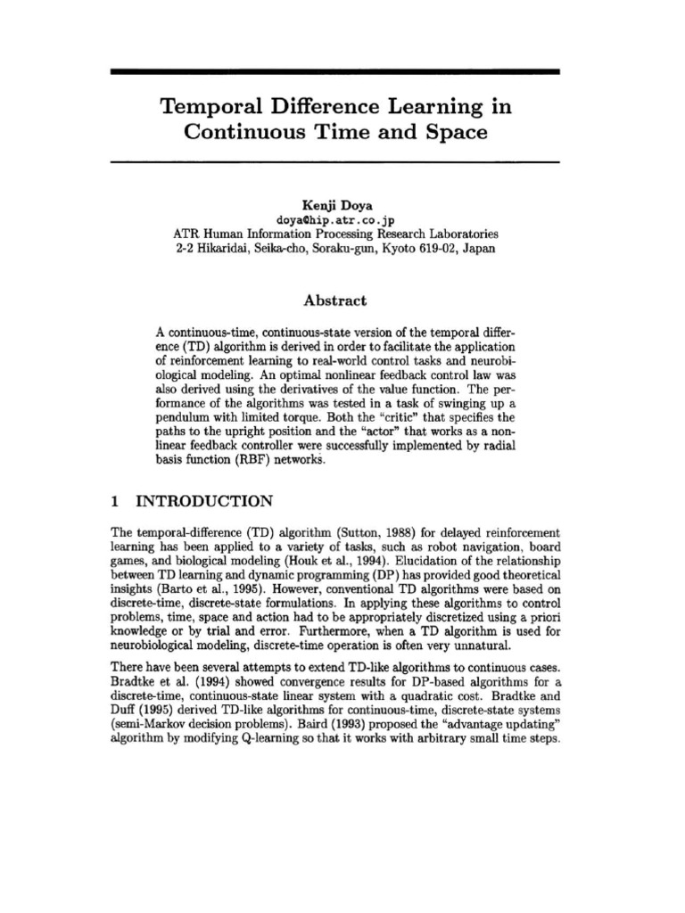 NIPS 1995 Temporal Difference Learning in Continuous Time and Space Paper | PDF | Nonlinear ...