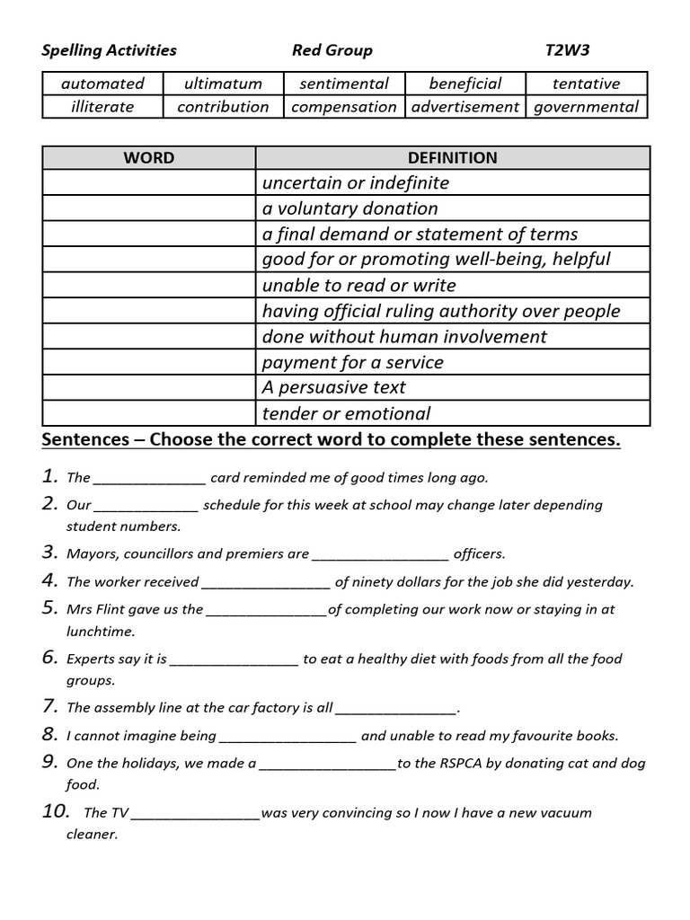 Spelling Activities for Red Group T2W3 | PDF