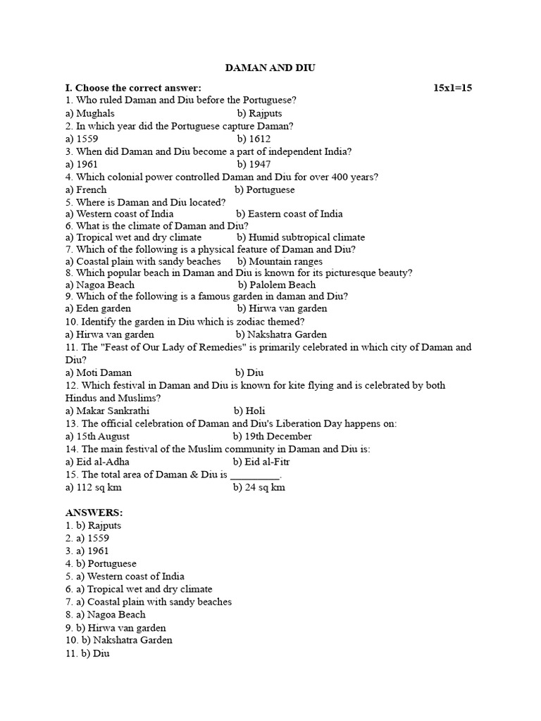 DAMAN AND DIU - QUESTIONS AND ANSWERS | PDF
