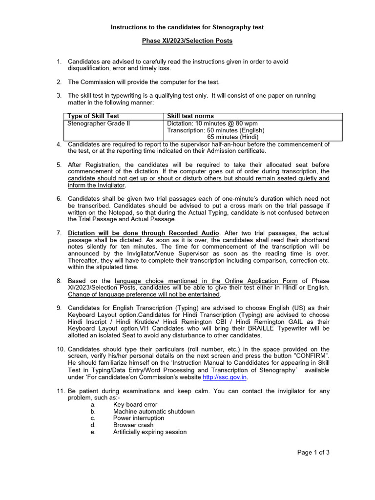 Stenography Test Instructions for Candidates | PDF | Notebook | Shorthand