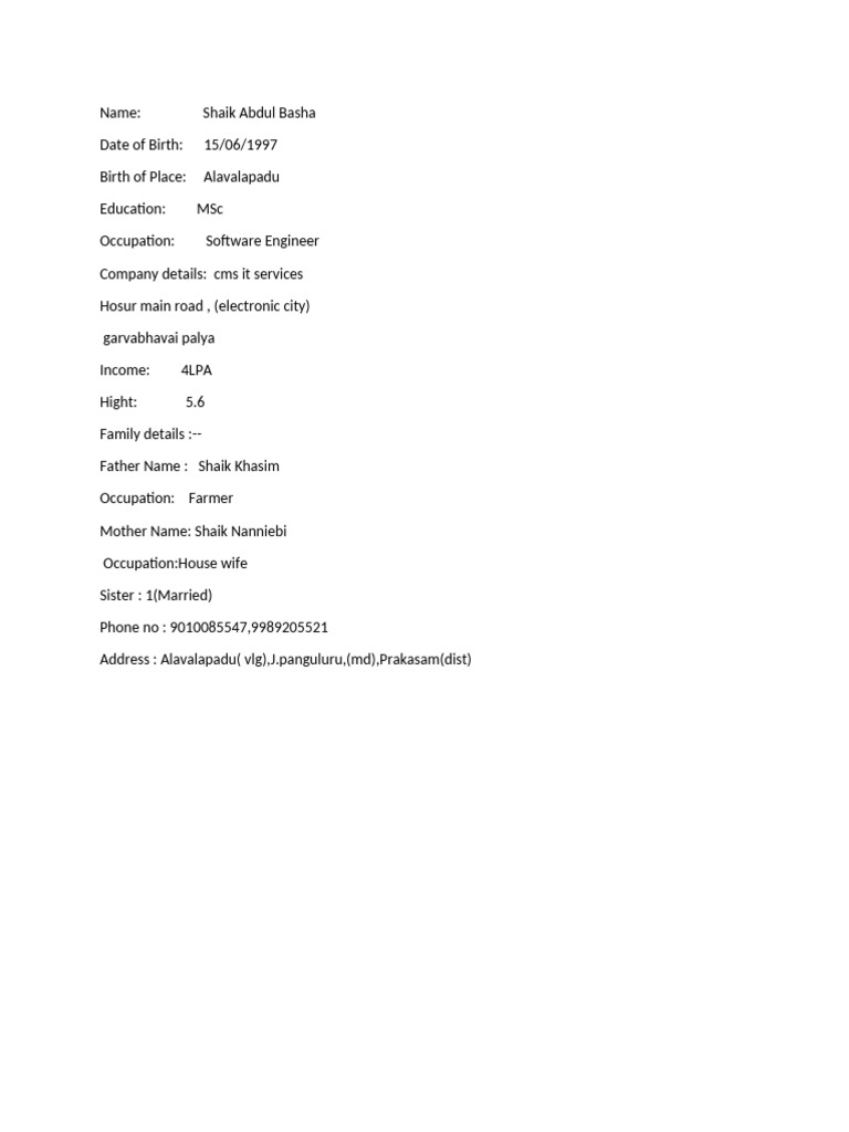 Basha Bio Data | PDF