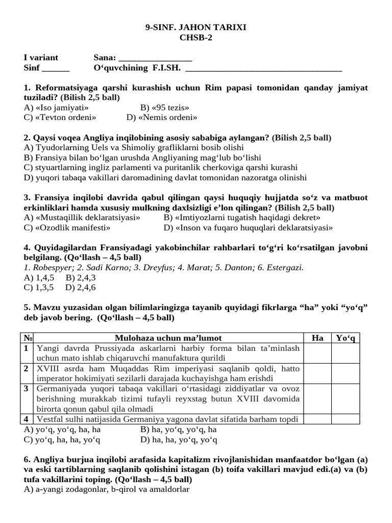 9_sinf_jahon_tarix_1_2_var_2_CHSB_@summativ_formativ_baholash | PDF