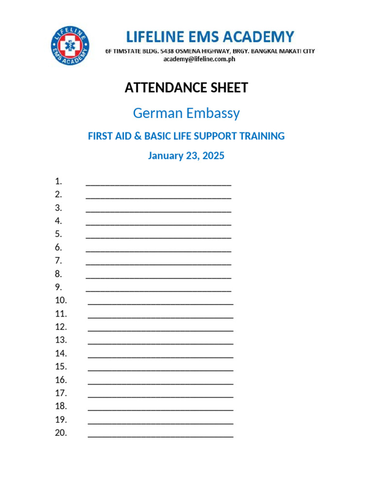 First Aid Training Attendance Sheet | PDF