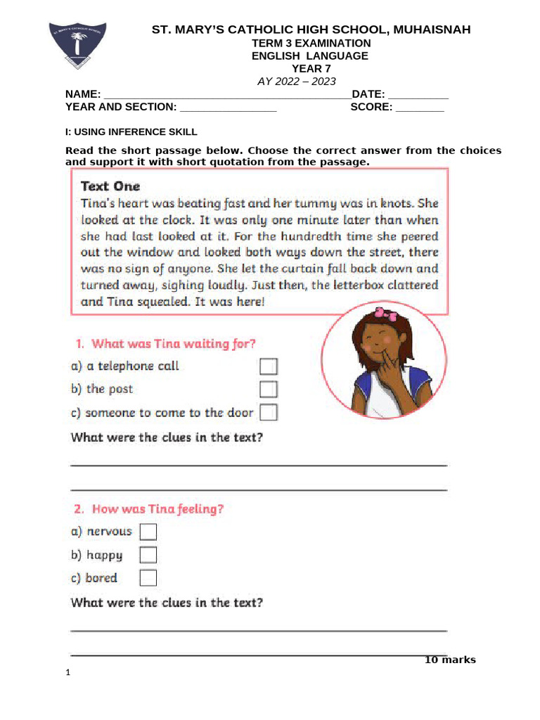 Year 7 English Exam: Inference & Poetry | PDF | Linguistics