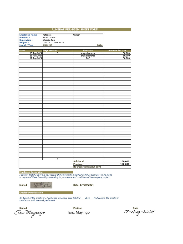 Per - Diem - Form - San Giovanni Snag Clearing & FAC William-Signed | PDF