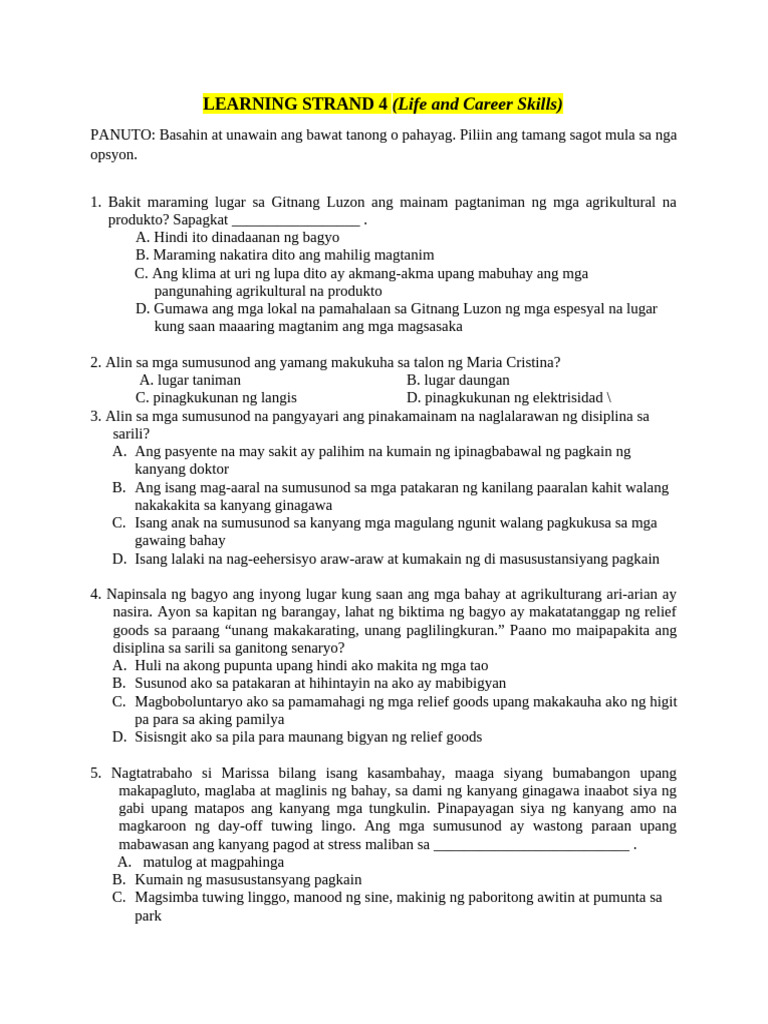 LEARNING STRAND 4 Pre Exam | PDF