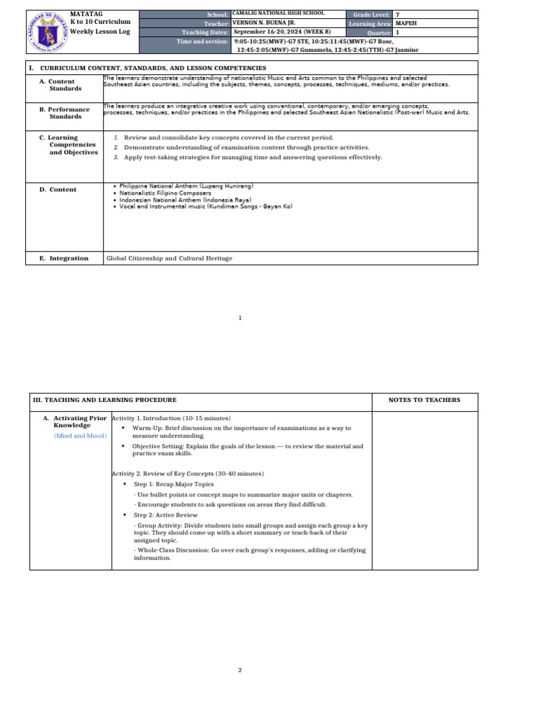 DLL MATATAG _MAPEH Q3 Examination | PDF | Learning | Cognition