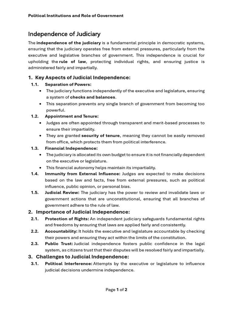 Judicial Independence in Democratic Systems | PDF | Separation Of ...