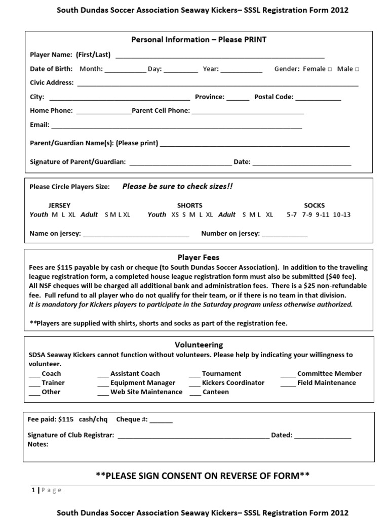 Kickers Reg Form 2012 | PDF | Consent | Cheque