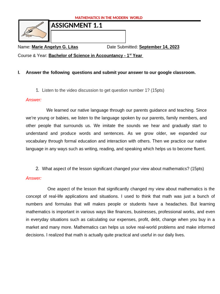 Marie Angelyn Litas - Assignmen 1.1 | PDF | Mathematics | Human Communication
