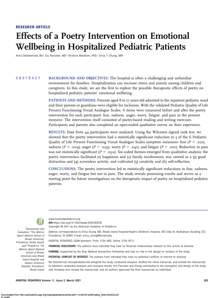 Effects of A Poetry Intervention On Emotional Wellbeing in Hospitalized ...