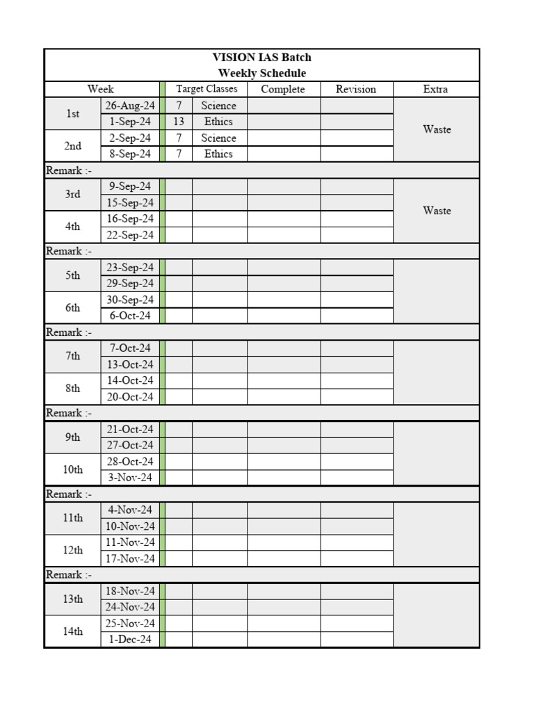 Vision Ias Batch Weekly Schedule: Target Classes | PDF
