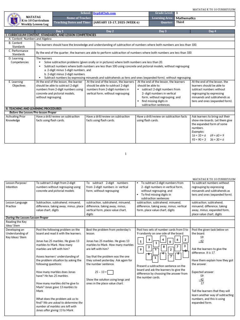 DLL MATATAG_MATHEMATICS 1 Q3_W6 | PDF | Subtraction | Cognition