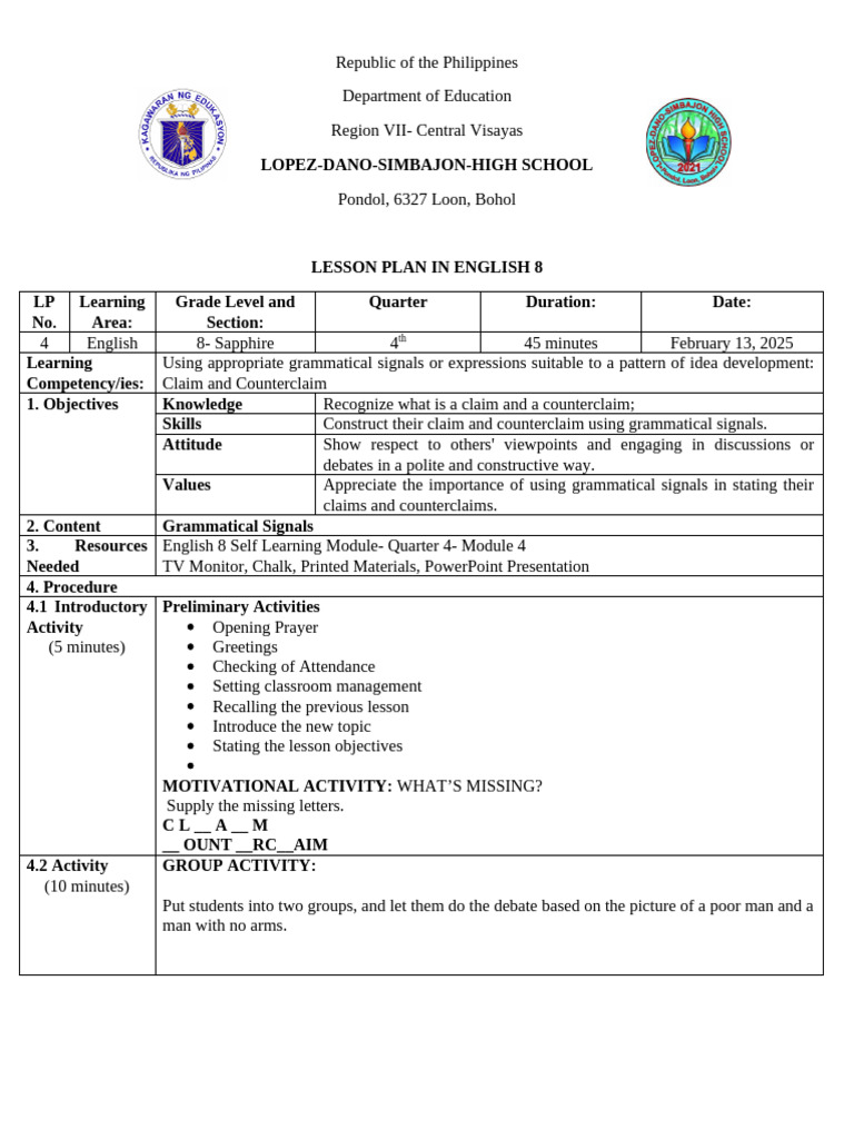 DAY-4-GRADE-8 | PDF | Argument | Evidence