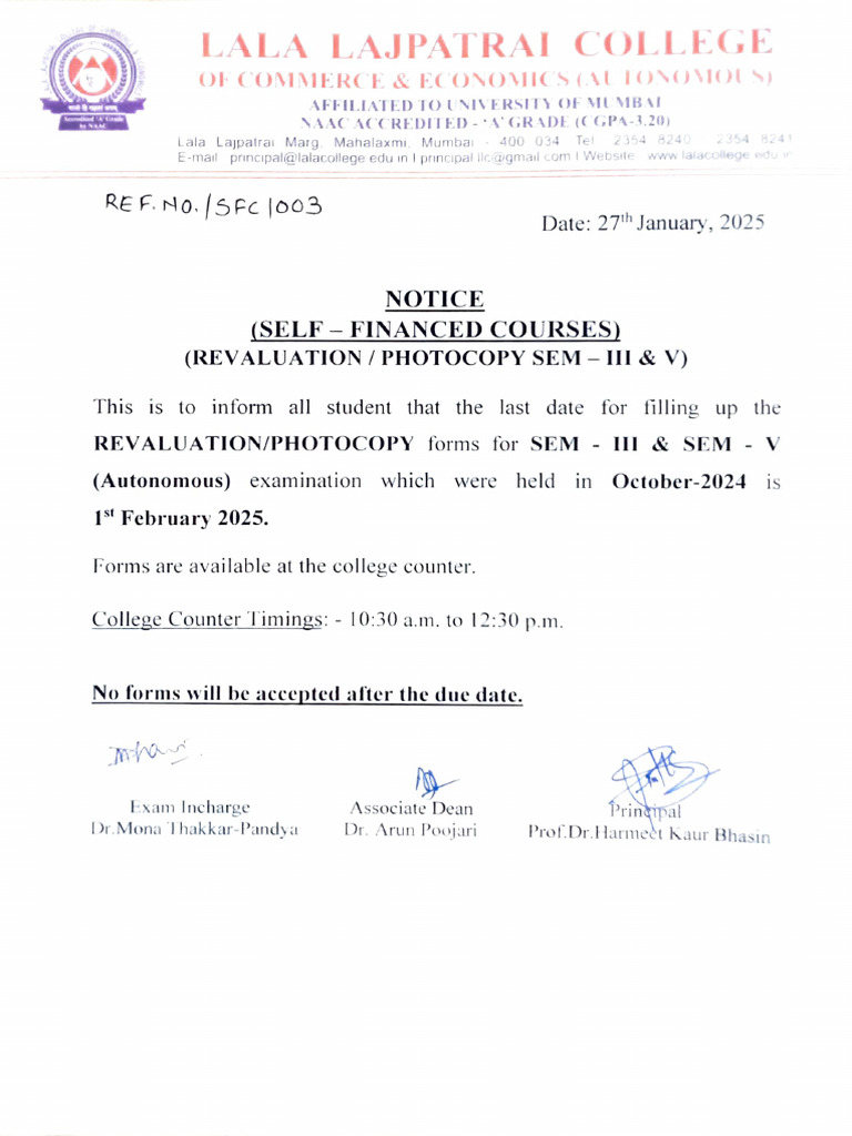 Notice Sem - III & V Revaluation and Photocopy Form Filling Date | PDF