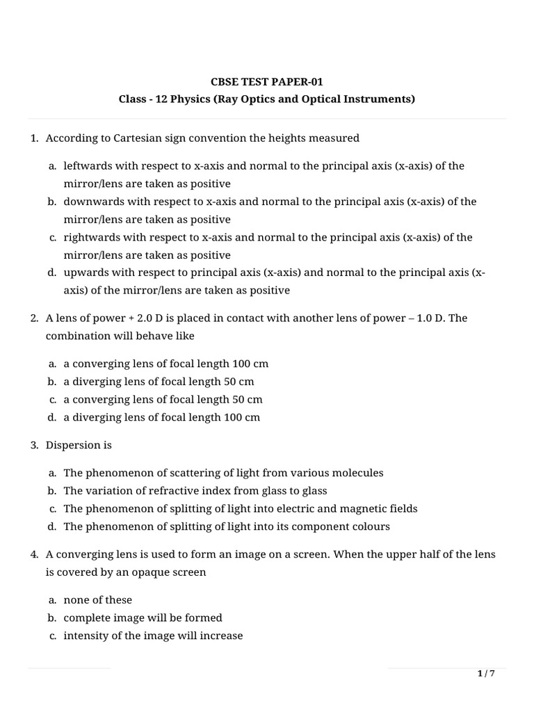 CBSE Class 12 Physics Test Paper: Ray Optics | PDF | Refractive Index ...
