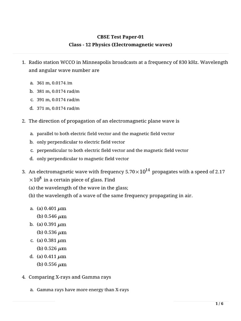 CBSE Class 12 Physics: EM Waves Test | PDF | Electromagnetic Radiation ...