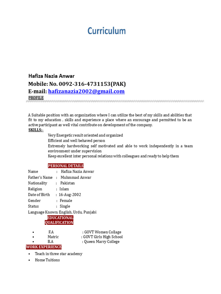 Hafiza Nazia Anwar - CV and Profile | PDF