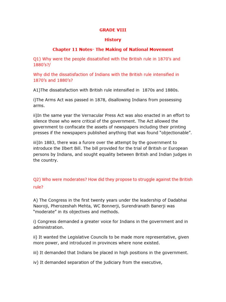 GR 8 History Notes CH 11 The Making of National Movement | PDF ...