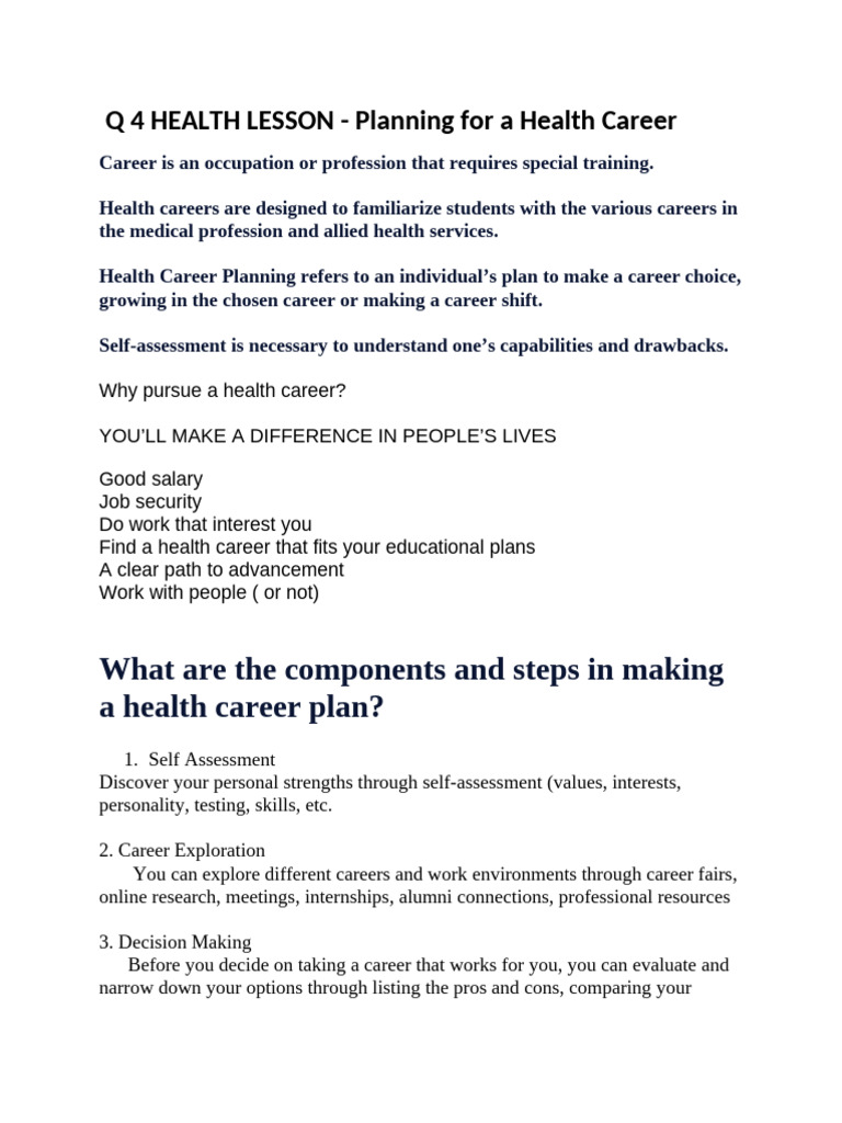 HEALTH LESSON Q 4 Planning For A Health Career 1 | PDF