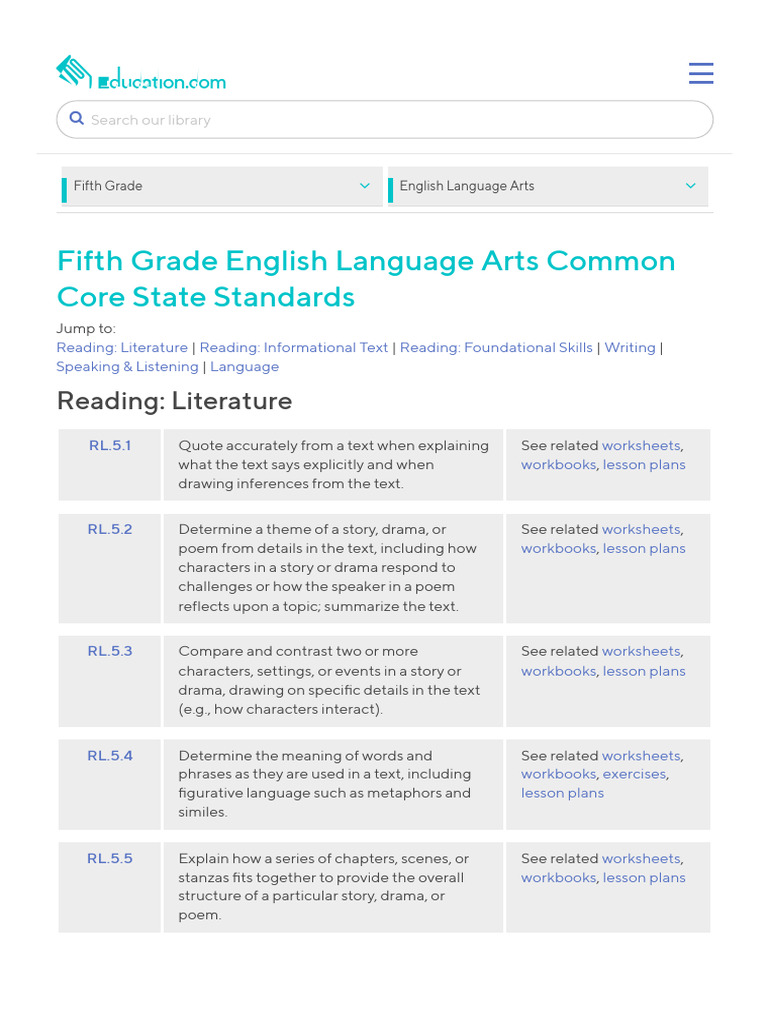 Education.com_Grade 5_English Language Arts CCSS | PDF | Phonics ...