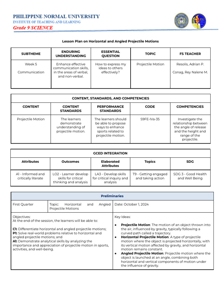 Grade 9 - Projectile Motion Part 2 - LP | PDF | Mechanics | Physics