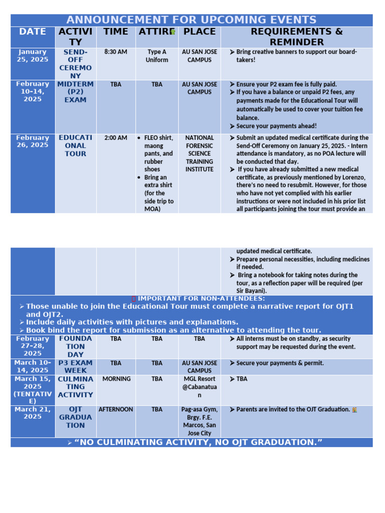 Intern Announcement For Upcoming Events | PDF
