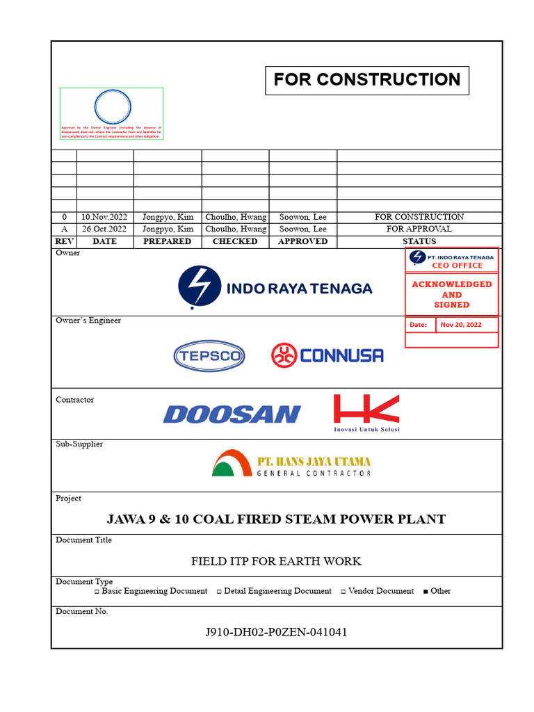 Field ITP for Earth Work_Rev.0 (AFC) | PDF | Specification (Technical ...