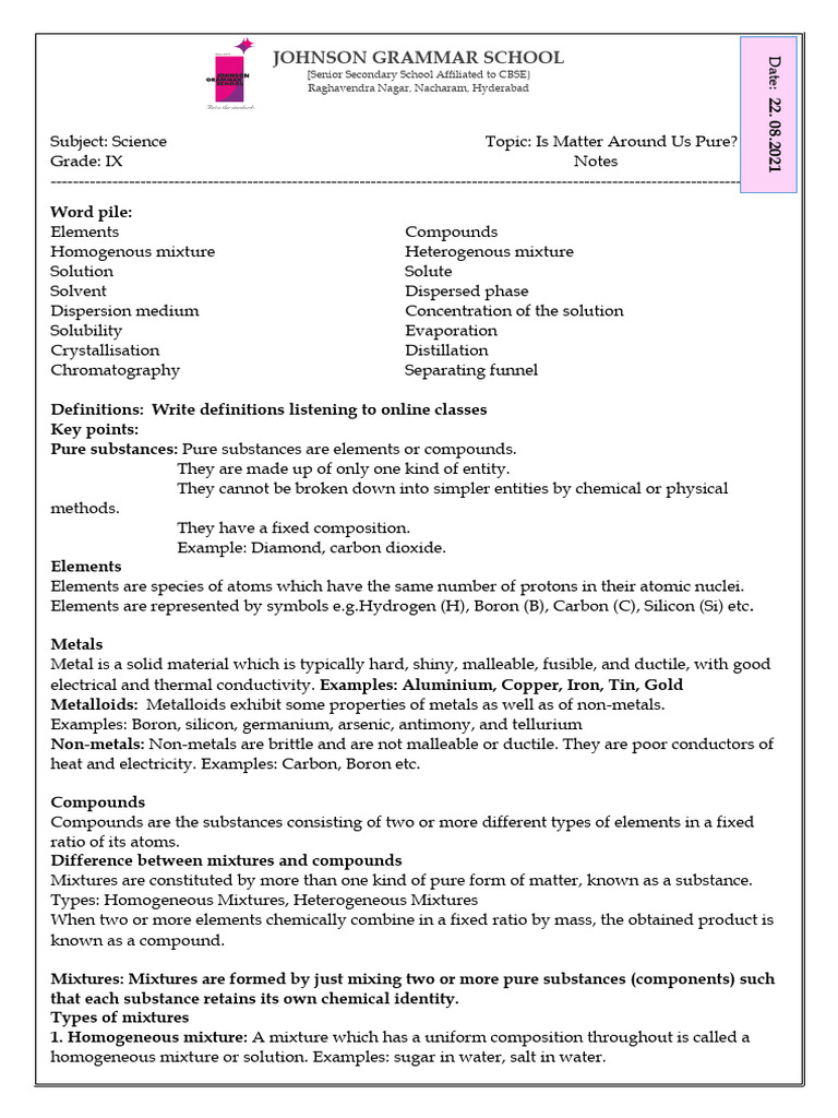 Chemistry Grade 9 Is Matter Around Us Pure Notes | PDF | Mixture ...