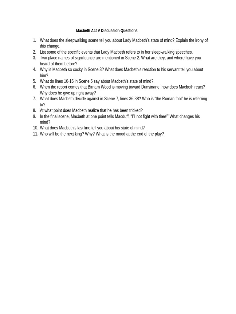 Macbeth Act V Analysis Questions | PDF