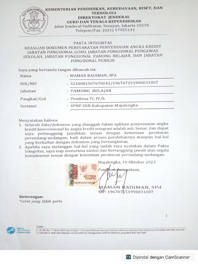 Fakta Integritas Keaslian Pak a.n Maman Radiman,s.pf (1) | PDF