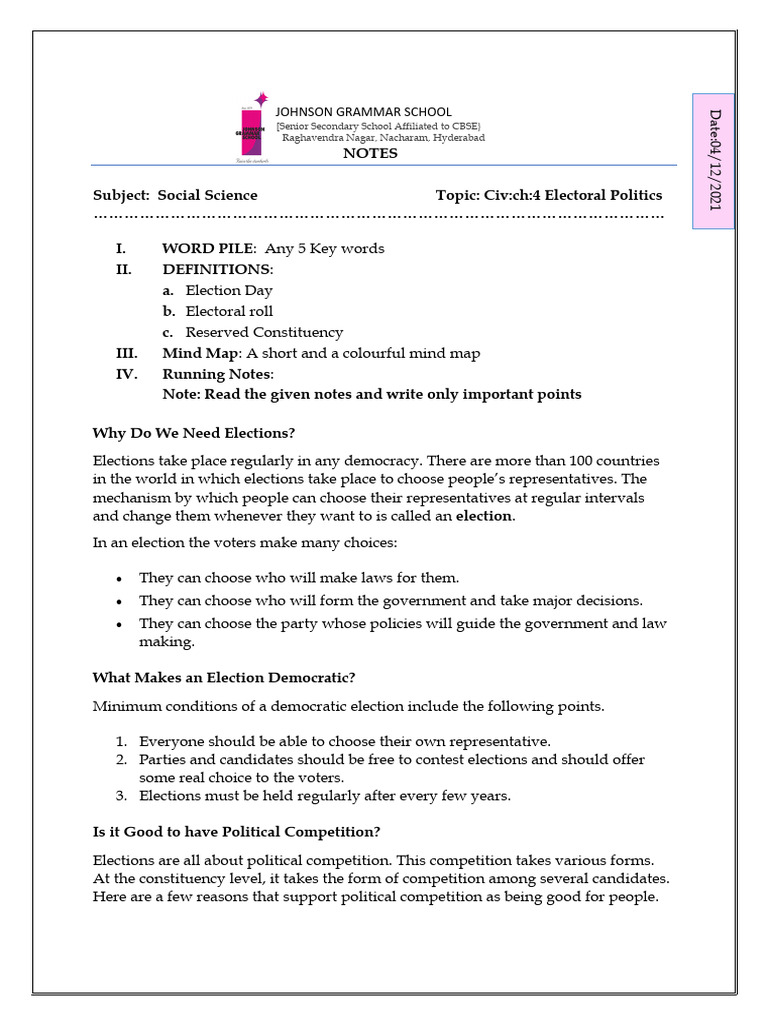 Grade 9 Civics Electoral Politics Notes | PDF | Elections | Voting