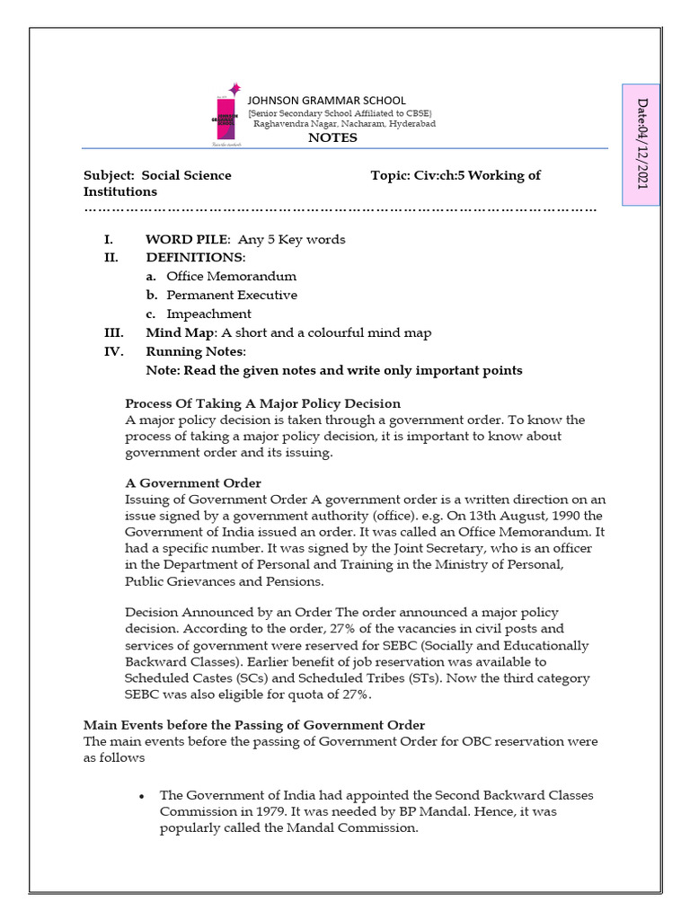 Class 9 Civics: Working of Institutions | PDF | Government Of India ...