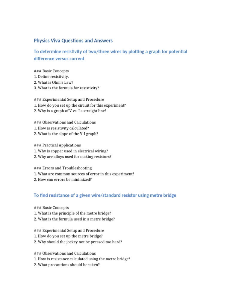 Physics_Viva_Questions | PDF | Resistor | Electrical Resistivity And Conductivity