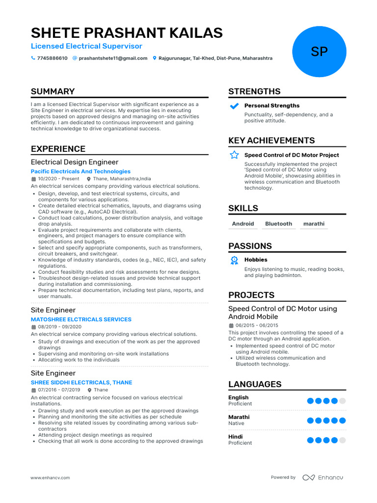 Shete Prashant Kailas Resume | PDF | Electrical Engineering | Electricity