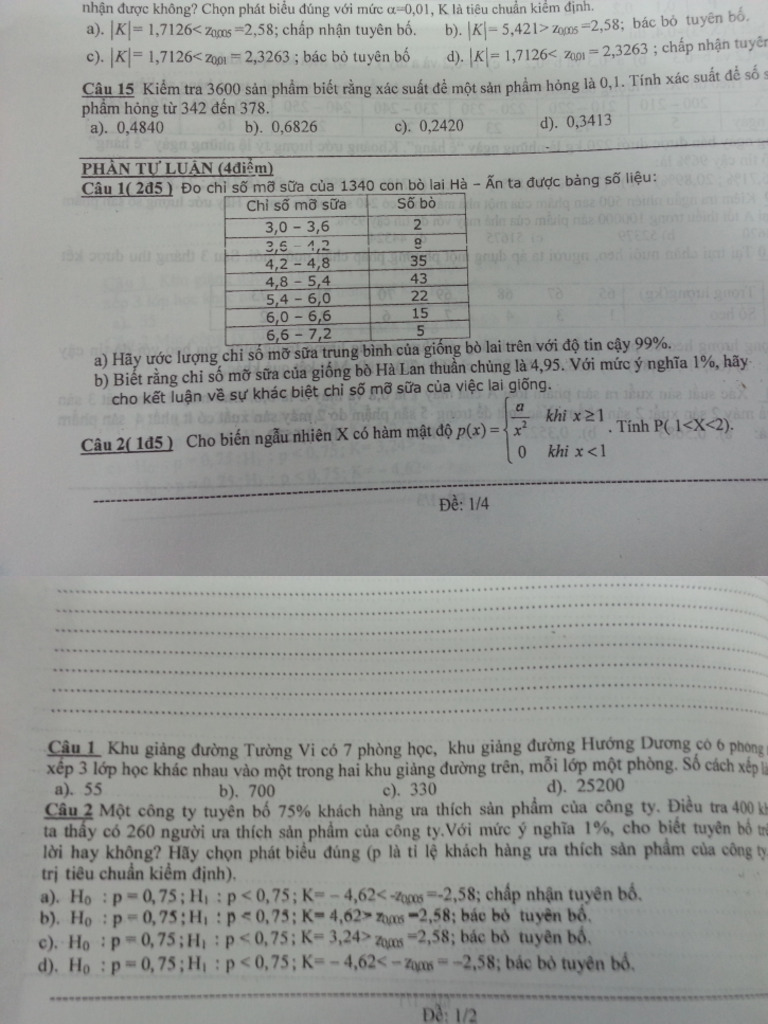 Xac-Suat-Thong-Ke - De-Thi-Xstk-Nong-Lam - (Cuuduongthancong - Com) | PDF