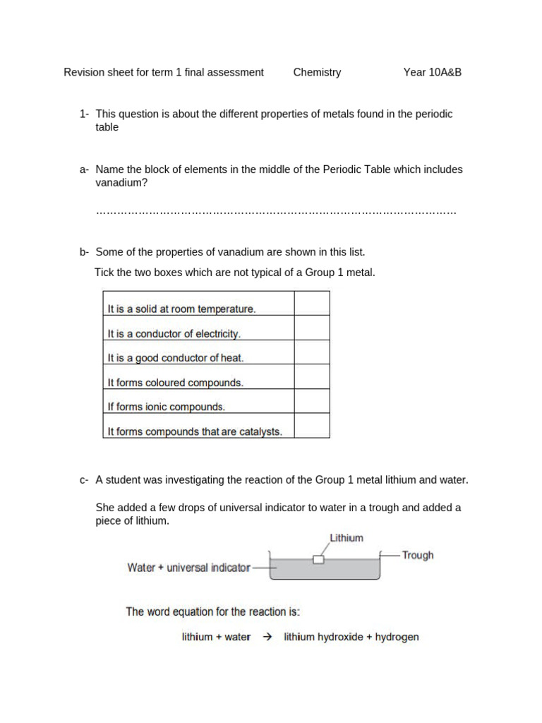 Revision Sheet For Term 1 Final Assessment Year 10A&B 2024-2025 | PDF ...
