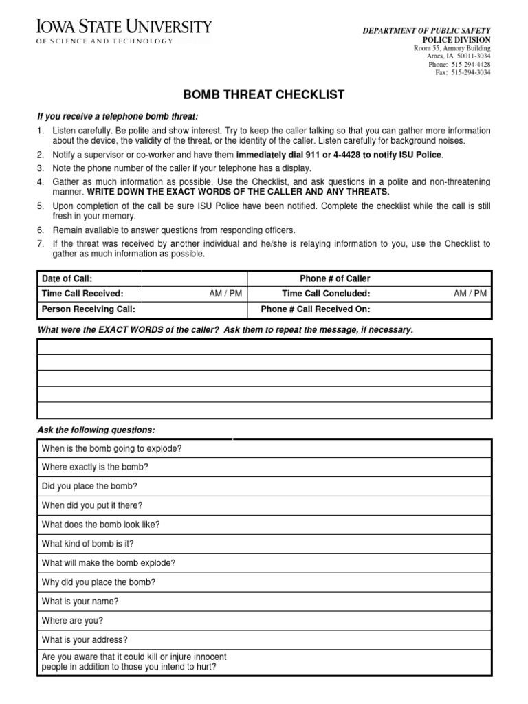 Isu Pd Bombthreatchecklist | PDF