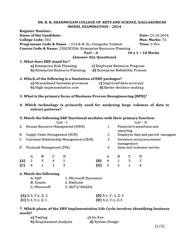 II CS - Enterprise Resource Planning - Model Question Paper | PDF ...
