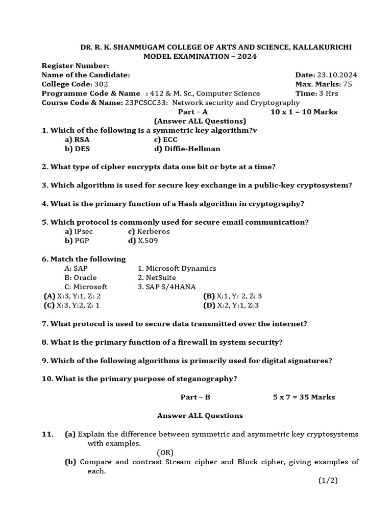 I M.SC - Network Security and Cryptography - Model Question Paper | PDF | Cryptography | Encryption
