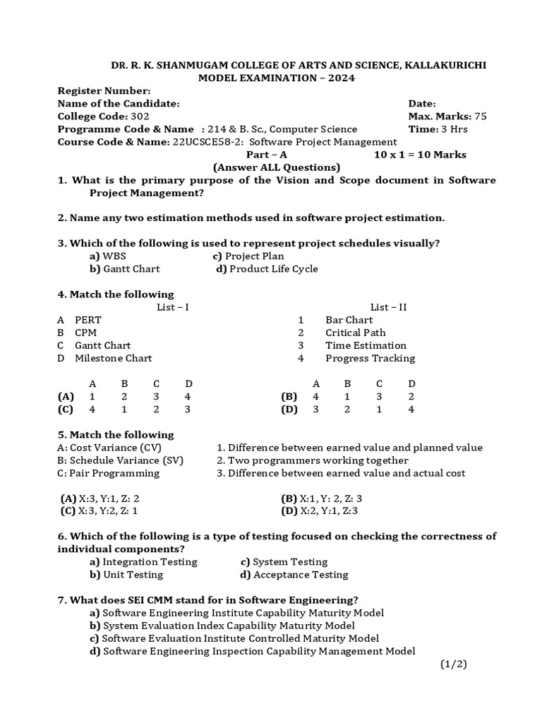 Software Project Management Exam 2024 | PDF | Project Management ...