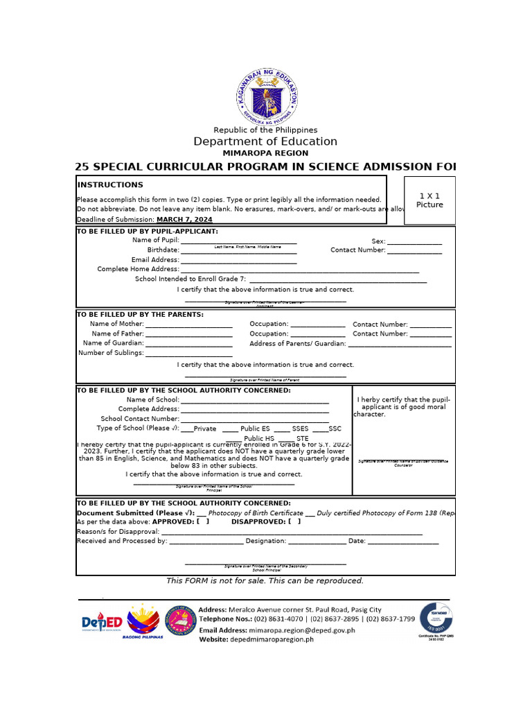 2025 Special Curricular Program in Science Admission Form | PDF
