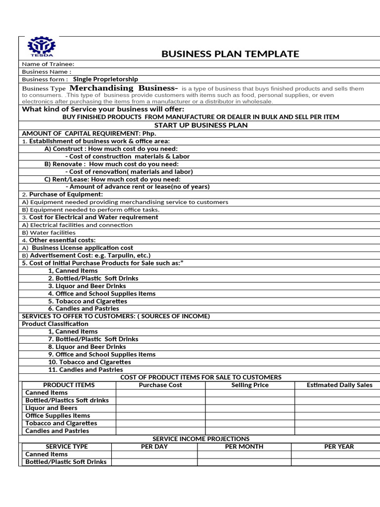 Entrep Business Plan Tempalte Merchandisng Business | PDF ...