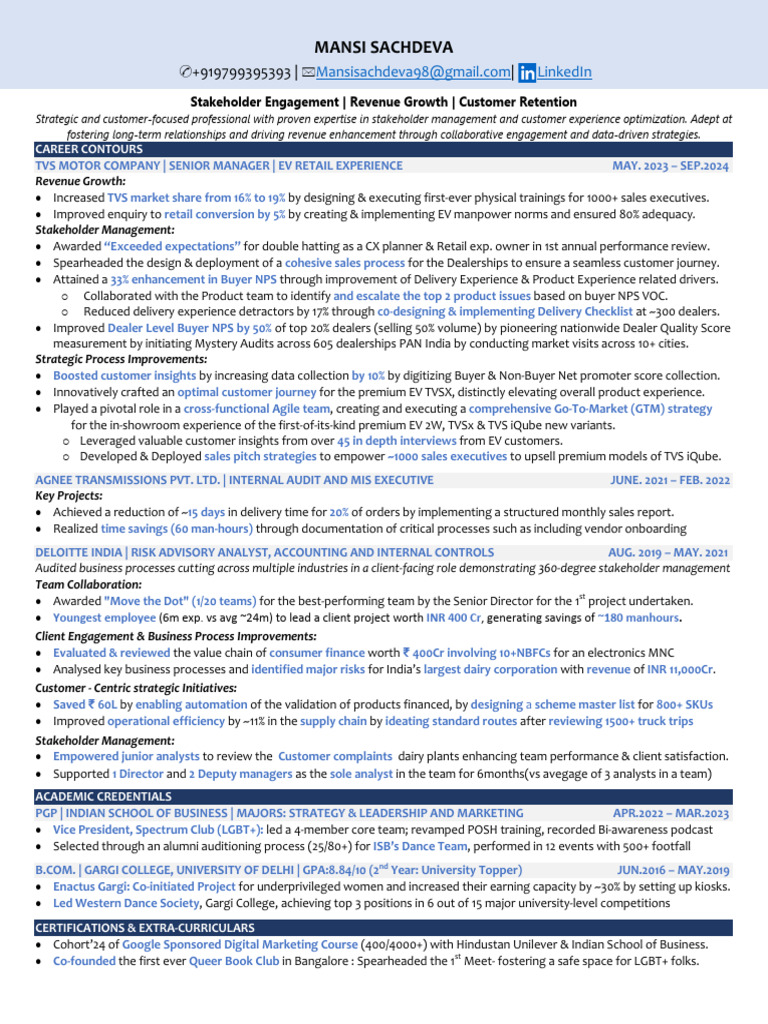 Mansi Sachdeva - Resume - KAM | PDF | Customer Experience | Marketing