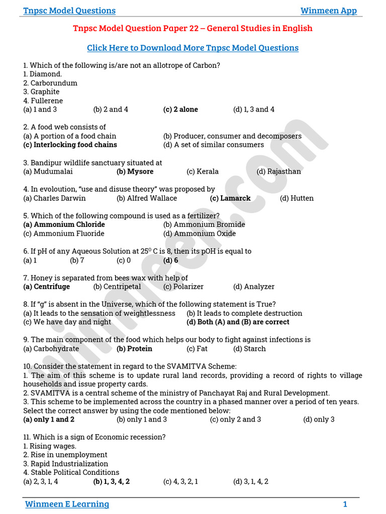 TNPSC Model Question Paper 22 - General Studies in English 1 | PDF