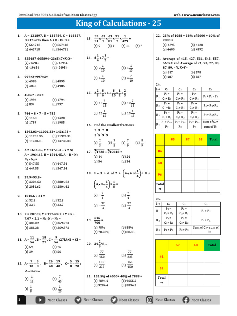 King Of Calculations Sheet 25 | PDF | Mathematical Notation | Mathematics