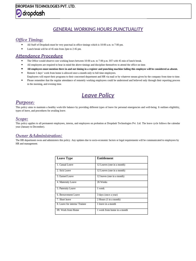 DD - General Working Hours & Leave Policy | PDF | Childbirth | Parental ...