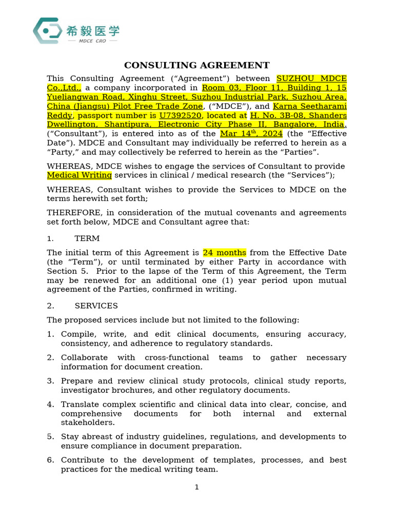 Copy of 01-Consulting Agreement (MDCE-Karna) .Docx - Signed | PDF | Trade Secret | Common Law
